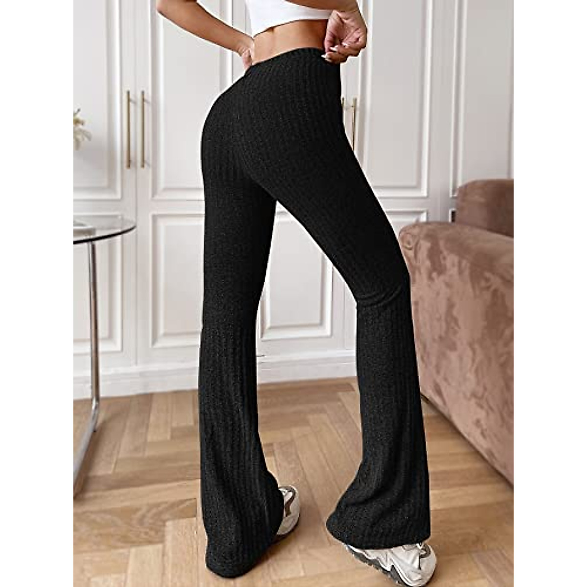 MakeMeChic Women's Drawstring High Waist Ribbed Knit Flare Pants Bootcut Yoga Pants Black S