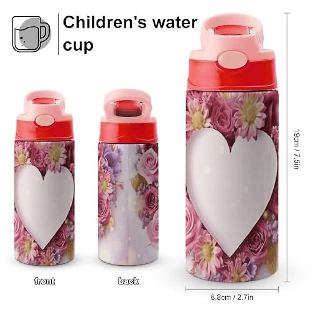 Stainless Steel Water Bottles Card Heart Shape Flowers Travel Water Cups with Handle And Silicone Straw Drinking Cup with Leak Proof Lid Thermo Travel Mug for Women Men