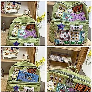 Hopecn Y2K Backpack With Kawaii Accessories Star Patch Aesthetic Canvas Bookbag Vintage Fashion Casual Goth Backpacks.(Patch1-Green2)