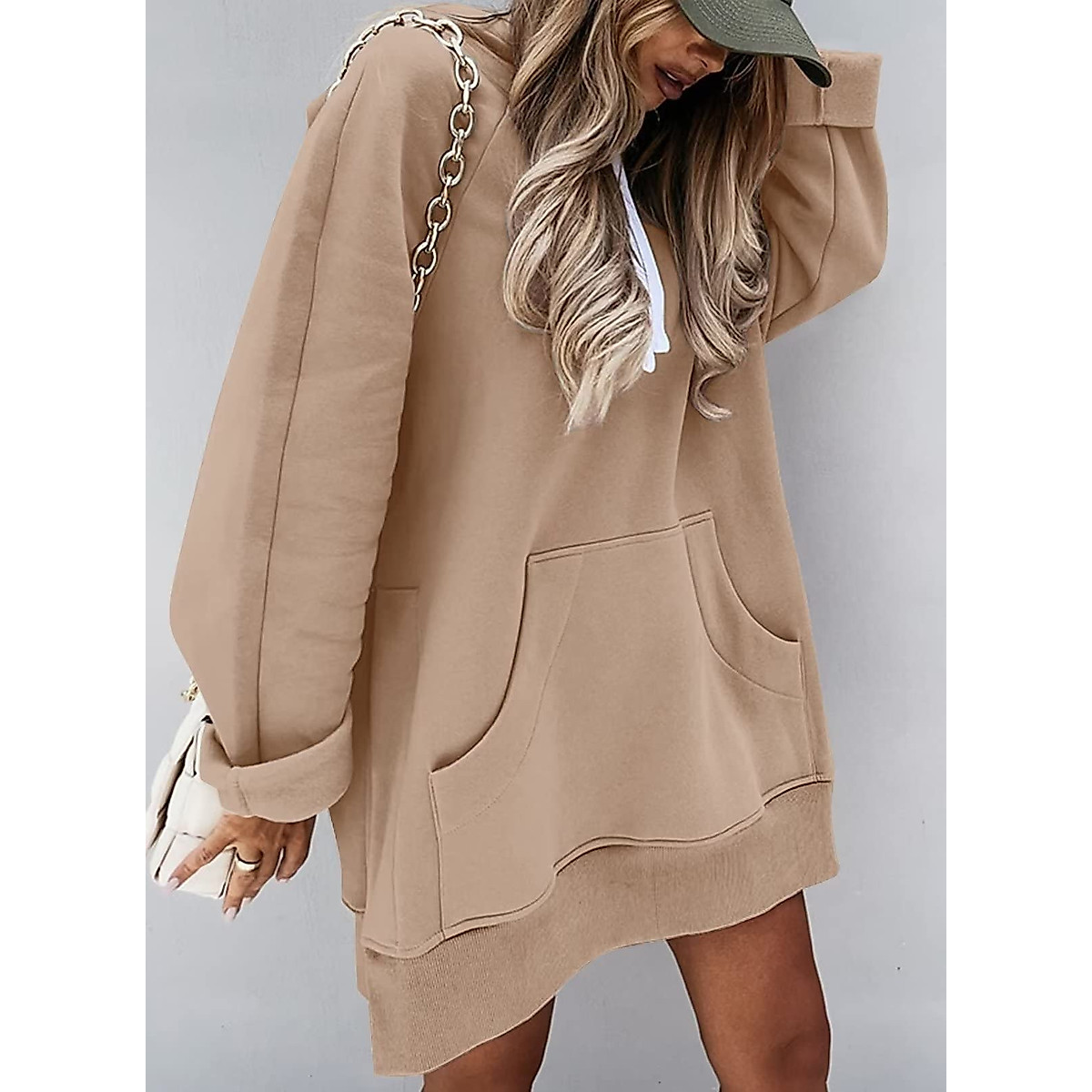 Syellowafter Women Oversized Pullover Dress with Hood Casual Sweatshirt Kangaroo Pouch Pocket Hoodie Loose Top Khaki Large