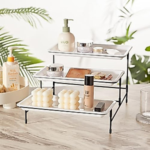 Lifewit 3 Tier Plastic Serving Tray for Party Supplies, 12" x 6.5" Platters for Serving Food, White Reusable Trays with Black Metal Display Stand for Veggie, Fruit, Cookies, Dessert