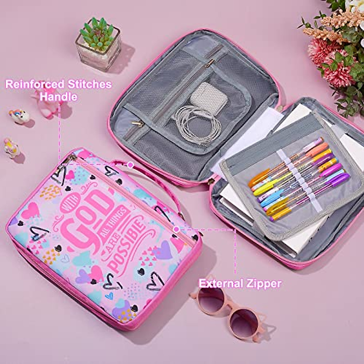 Bible Covers for Women Girls Bible Case Large Bible Bag with Handle Bible Tote Bag Zipper Pocket Bible Cover for Bible Study Supplies