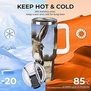 LLUTSNTH 40 Oz Vacuum Tumbler with White Handle Leakproof Insulated Tumbler Funny Donkey Stainless Steel Travel Mug with Lid And Straw Coffee Cup Cute Water Bottles Cup Holder Friendly