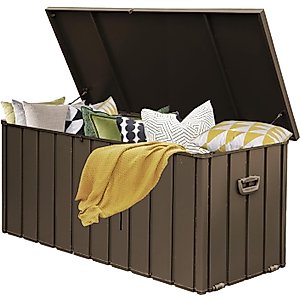 WIIS' IDEA 200 Gallon Storage Deck Box, Outdoor Waterproof Storage Deck Box w/Lockable Lids, Mobility Rollers, Large Storage Container for Patio Furniture for Garden Tools and Pool Supplies,Brown