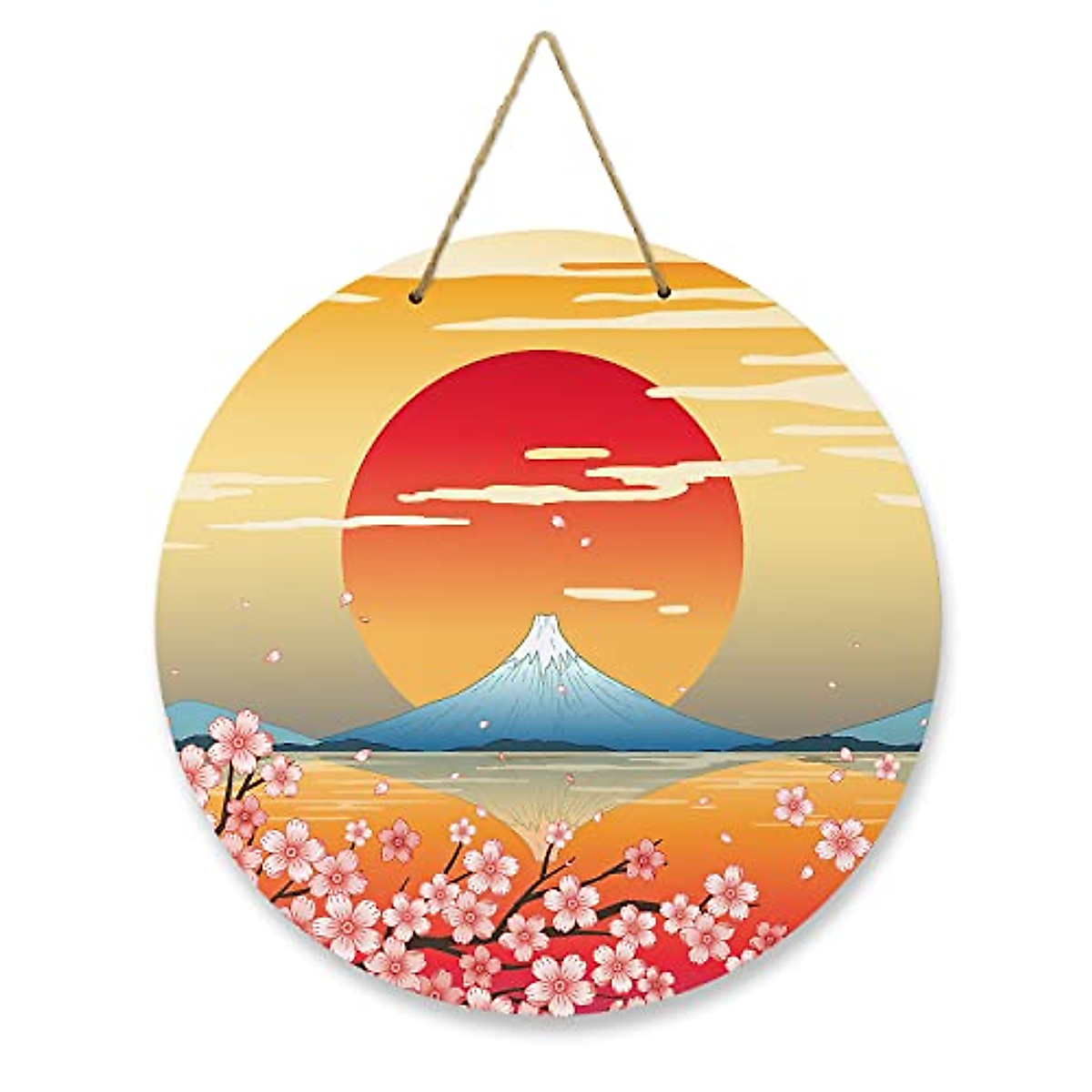 Welcome Wood Wall Hanging Sign (10"x10"), Japanese Mount Fuji Cherry Blossom Sunset Welcome Sign for Front Door, Round Hanging for Home Office Kitchen Farmhouse Garden