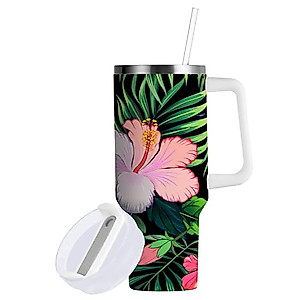 Burbuja Hibiscus Flowers 40oz Insulated Tumblers with Handle and Straw Lid, Double Wall Stainless Steel Travel Mug Leak-Proof, BPA Free, Gift for Mom Dad