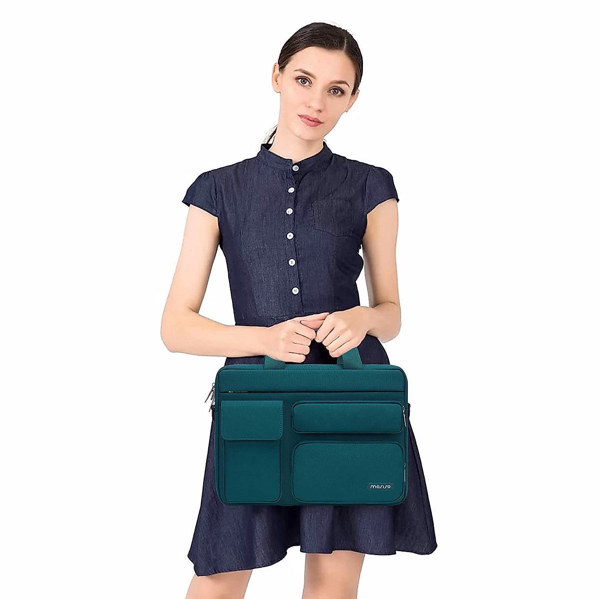 MOSISO Laptop Shoulder Bag Compatible with MacBook Air 15 M4 M3 M2/Pro 16 inch M4 M3 M2 M1,15-15.6 inch Notebook with 2 Raised&1 Flapover&1 Horizontal Pocket&Handle&Belt, Teal Green