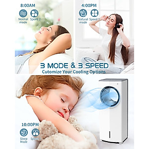 Evaporative Air Cooler, Portable Bladeless Fan, Air Cooler Fan with 3 Wind Speeds and 3 Modes, 90° Automatic Swing, 1 Gallon Water Tank, 2 Ice Packs, 7H Timer, Remote Control, for Room Home Office