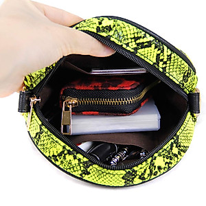 by you Women Fashion Snakeskin Pattern Small Round Cellphone Crossbody Purse Shoulder Bag Belt Bag Adjustable Strap (Round Snake Print - Neon Yellow)