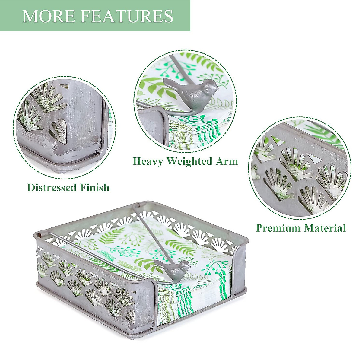 NIKKY HOME Farmhouse Rustic Flat Napkin Holder, Galvanized Metal Napkin Caddy with Bird Weight Ball