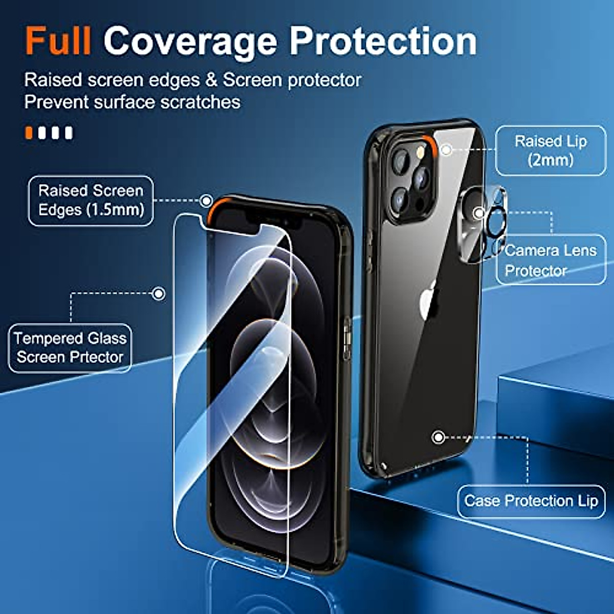 UniqueMe [5 in 1 Design for iPhone 12 Pro Max 6.7 inch Case, 2 Pack Screen Protector Tempered Glass + 2 Pack Camera Lens Protector, [Non-Yellowing] Shockproof Ultra Thin Protective Cover-Clear Black