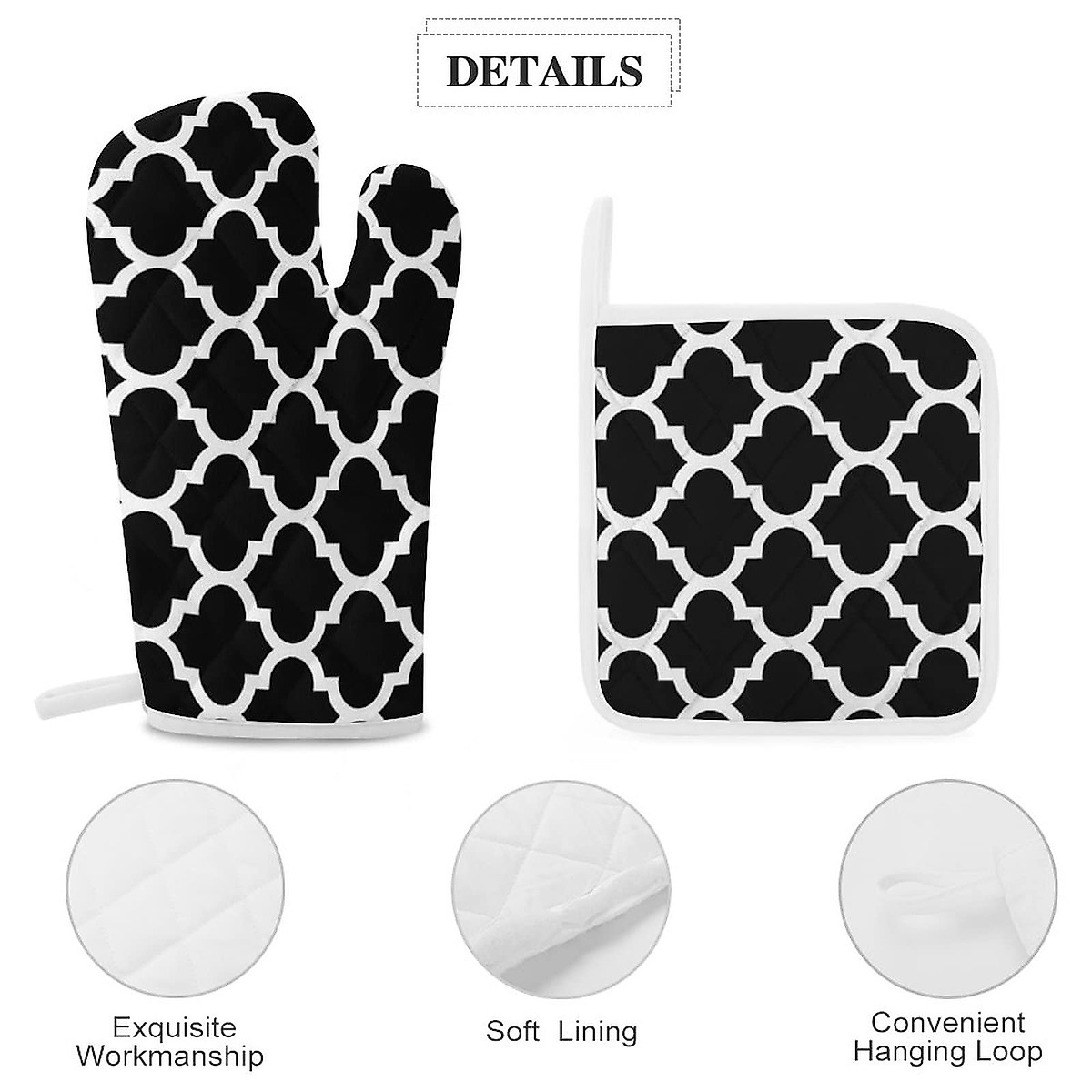 4PCS Oven Mitts Glove Kitchen Heat Resistant Pot Holders Set Black White Moroccan Quatrefoil Pattern Kitchen Microwave Oven Gloves Mitts Anti-Scald Baking Cooking Gloves