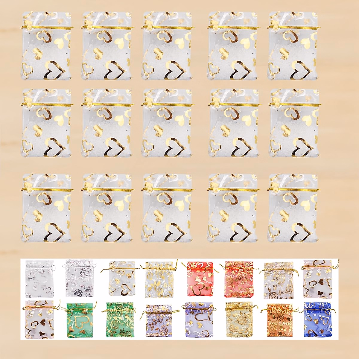 QIANHAILIZZ 100 Pack 2.8 x 3.5 Inch Flower Heart Organza Jewelry Gift Pouch Candy Pouch Drawstring Wedding Favor Bags B511S (white gold heart)