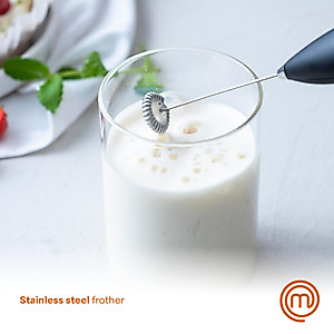 MasterChef Milk Frother for Coffee, Handheld Electric Matcha Whisk, Mini Stainless Steel Frothing Wand for Cappuccino & Latte, Portable Hand Held Drink Foamer with Soft Touch Handle, Battery Powered