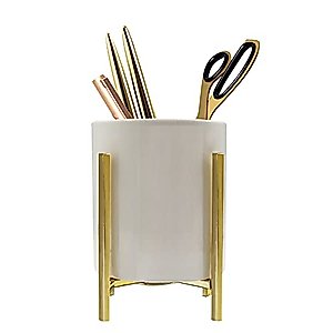 SIEBOLD Gold pencil cup Sturdy metal frame with white ceramic pen holder For desks and kitchen appliance holders(1set 4.6 - 3.14'')