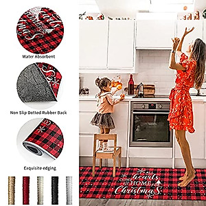 Kitchen Mats fo Floor, All Hearts Come Home for Christmas Red and Black Plaid Backed Rubber Dots Rugs,Non Slip,Absorbant Runner Rugs for Hallway Entryway,Kitchen,Laundry 1 pcs 18x47.2 Inch