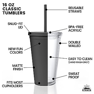 STRATA CUPS Classsic Black Tumblers with Lids (12 pack) - 16oz Colored Acrylic Cups with Lids and Straws | Double Wall Matte Plastic Bulk Tumblers With FREE Straw Cleaner! Customizable DIY Gifts