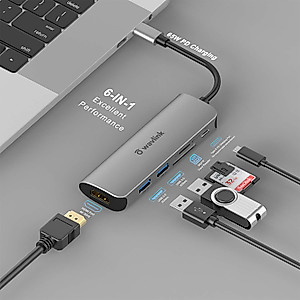 Wavlink USB C Hub, USB C to HDMI 4K@30Hz Adapter with 2 USB3.0 Ports, 65W PD Charging, SD/TF Card Reader, Type-C Mini Dock for iPad Pro/MacBook Pro 2016+/MacBook Air 2018+ and Type C Devices