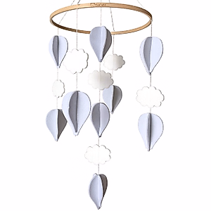 EcoCubs Handmade Baby Crib Mobile | White & Pale Grey | Hot Air Balloons & Clouds | Eco-Friendly Felt & Organic Beech Wood | Gender Neutral Nursery Decor | Simple & Modern Design