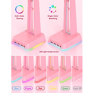 SOSISU RGB Headphones Stand with 3.5mm AUX and 3 USB 2.0 Ports, Gaming Headset Holder Hanger with Non-Slip Rubber Base for SOSISU Gaming Headset(Not Included), PC, Desktop (Pink)