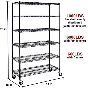 Payhere Metal Storage Shelves, Wire Shelving Unit w/Wheels, 6000 LBS Heavy Duty Industrial Utility Steel Storage Rack, 6 Tier NSF UltraDurable Shelf Organizer Racks for Garage Kitchen Storage (Black)