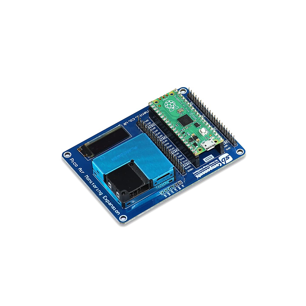 sb components Raspberry Pi Pico Air Monitoring Expansion PMSA003 Sensor Air Monitor HAT for Raspberry Pi Pico with inbuilt 0.91" OLED Display