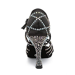 HROYL Women Rhinestone Ballroom Dance Sandals Latin Salsa Glitter Dancing shoesYCL483-9 Brown, 7 B(M) US