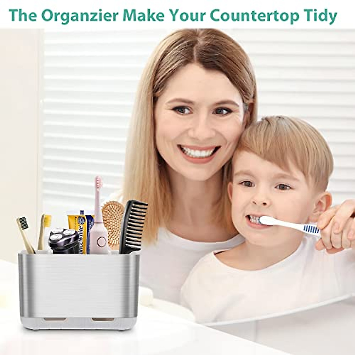 Boperzi Toothbrush Holder Toothpaste Organizer Drainage for Bathroom Vanity, Large Brushed Nickel Toothbrush Storage Caddy Anti-Slip Rustic with Adjustable Dividers for Family, Kids