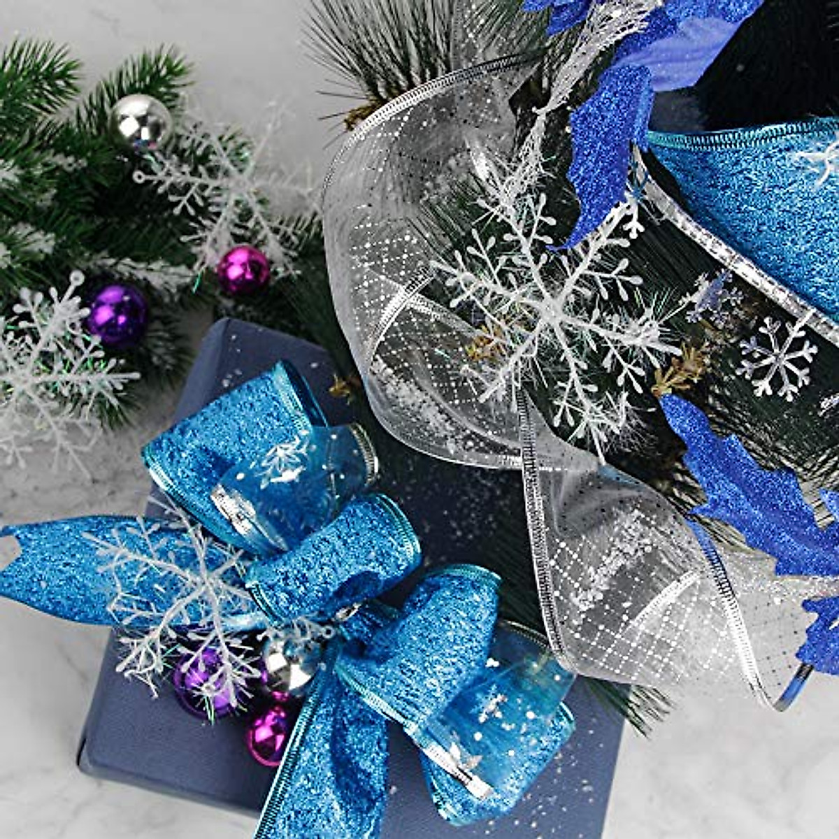 VATIN Christmas Ribbon,Wired Holiday Party Ribbons Assorted Snowflake Dot Holly Star Patterns Decorations, Swirl Sheer Glitter Ribbon 36 Yards (2.5" Width x 6Yard Each Roll) -Blue/Silver