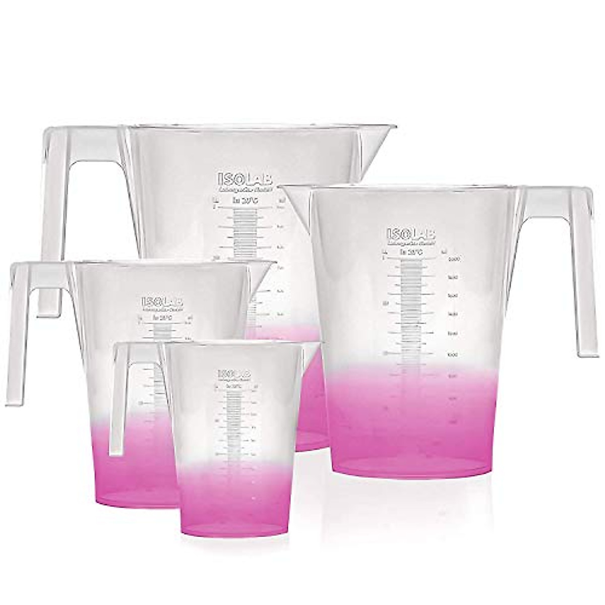 ISOLAB USA - 4 Pieces Premium Set of Laboratory Plastic Beaker With Handle, High Clarity, Polypropylene, Raised Graduations, Autoclavable, Lab Pitchers, (Beakers w/Handle, 4)