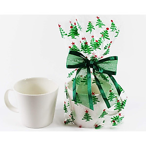 Saybrook Products Christmas Trees Holiday Cellophane Treat Party Favor Bags with Twist-Tie Organza Bow. Set of 10 Ready-to-Use, Gussetted 11x5x3 Goodie Bags with Green Bows.