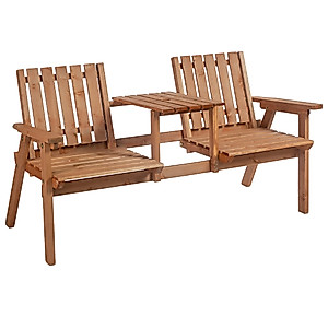 Outsunny Patio Bench, Garden Bench with Middle Table and Umbrella Hole, Wooden Outdoor Bench for Patio, Porch, Poolside, Balcony, Orange