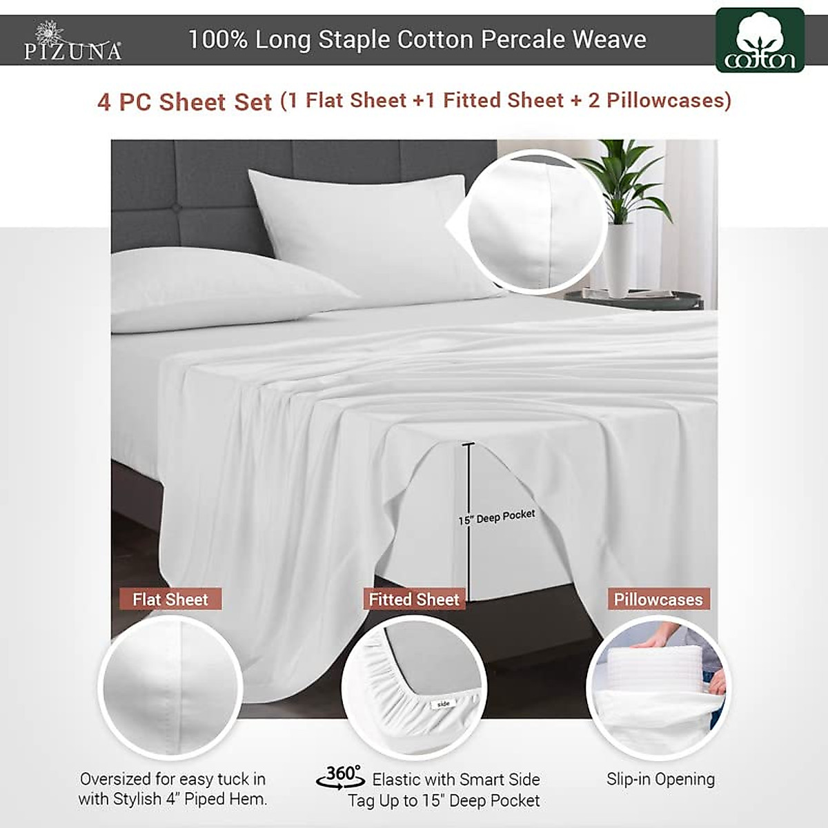 Pizuna Cotton Sheets Queen Size, 100% Long Staple Cotton Percale Sheets Queen with 15inch Deep Pocket (Combed White Cotton Sheets Queen)
