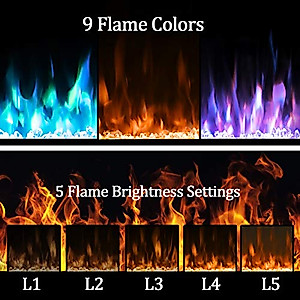 COSTWAY 50-Inch Electric Fireplace, 750W/1500W Wall Recessed and Mounted Fireplace Insert with Remote Control, 9 Flame Colors, 5 Brightness Settings, 8 H Timer, Fireplace Heater for Indoor Use