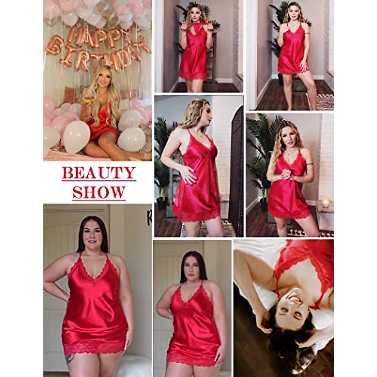 Avidlove Women Lingerie Satin Lace Chemise Nightgown Sexy Full Slips Sleepwear (Medium, 1Red)