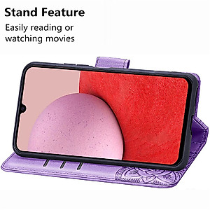 MEUPZZK Samsung Galaxy A14 5G Case, Samsung A14 5G Wallet Case, Embossed Butterfly Flower Premium PU Leather [Kickstand][Card Slots][Wrist Strap][6.6 inch] Phone Cover for Samsung A14 5G (A-Lavender)