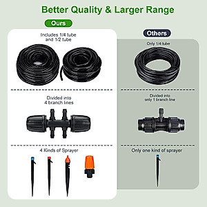 240FT Drip Irrigation System Kit, Yomile Automatic Garden Watering Misting System with 1/2 inch Hose 1/4 inch Distribution Tubing Drip Emitters Drip Spray 2 in 1 Nozzle for Greenhouse, Yard, Lawn