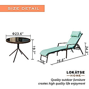 LOKATSE HOME 3 Pieces Outdoor Patio Chaise Lounges Chairs Set Adjustable with Folding Table, Light Blue Cushions