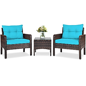 RELAX4LIFE 3-Piece Patio Furniture Set, PE Rattan Wicker Outdoor Conversation Set w/Glass Top Coffee Table & Thick Cushions for Deck Porch Balcony Garden, Bistro Table and Chairs Set of 2 (Turquoise)