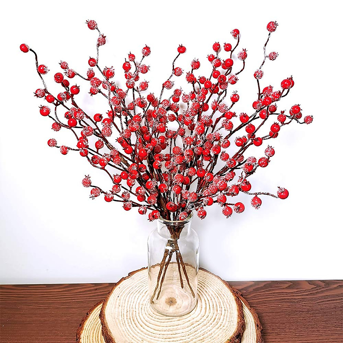 4 Pack ICY Red Berry Picks Artificial Christmas Berry Spray Iced Berry Stems Red Berry Twig Branches for Christmas Holiday Winter Floral Arrangement Centerpiece Seasonal Decoration 18.8" Tall