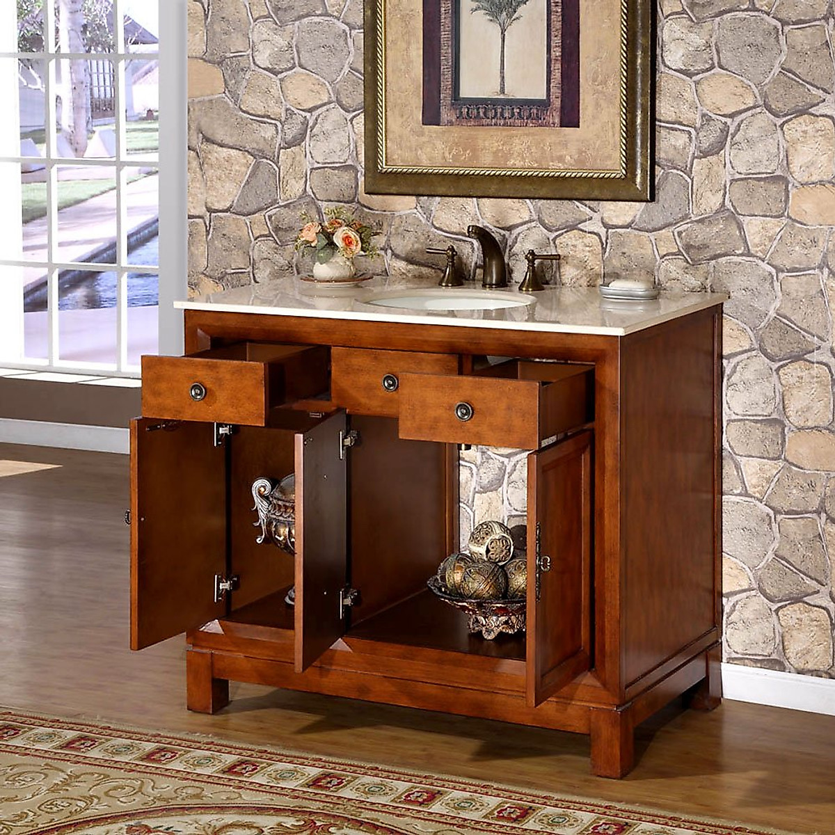 Silkroad Exclusive HYP-0911-CM-UWC-42 Countertop Cream Marble Stone Single Sink Bathroom Vanity with Bath Cabinet, 42", Medium Wood