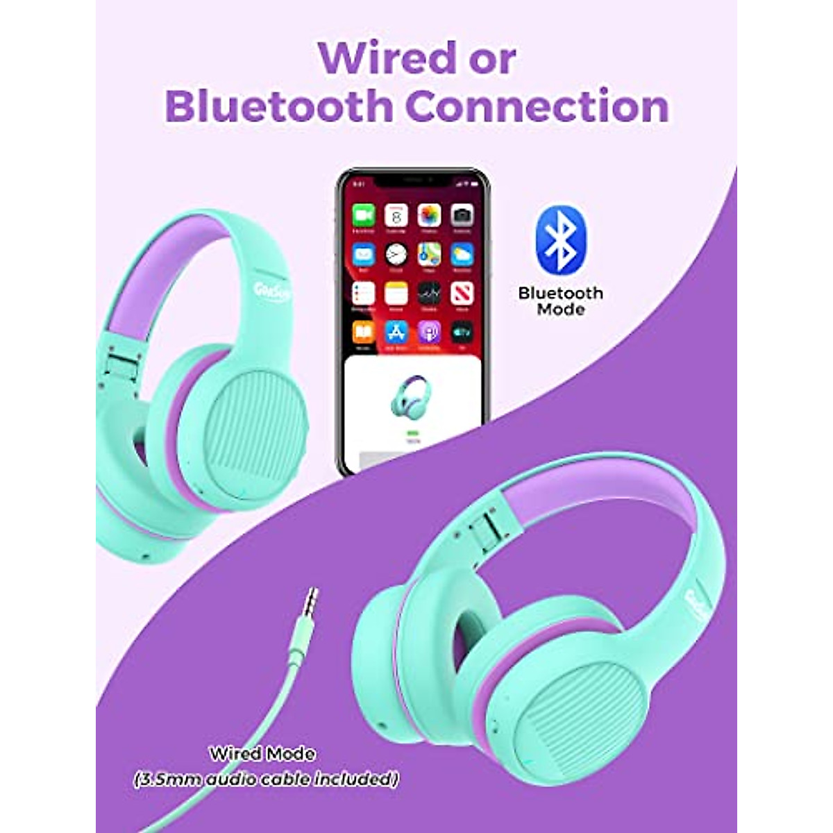 gorsun Premium Bluetooth Kids Headphones with Microphone, Wireless Headphones for Kids for School, 85/94dB Volume Limited, Adjustable Kids Bluetooth Headphones for Boys, Girls, Teens (Green)