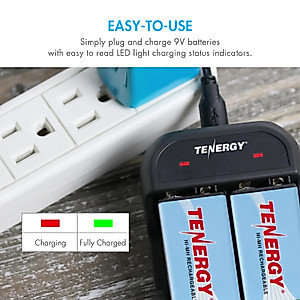 Tenergy 9V Battery Rechargeable 250mAh 4 Pack NiMH Square Battery with 2 Bay 9V Battery Charger for Smoke Alarm/Detector