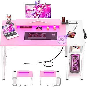 armocity Computer Desk with LED, Gaming Desk with Outlets, 40 Reversible Laptop Table with Monitor Stand, Small Desk for Small Spaces, Pink