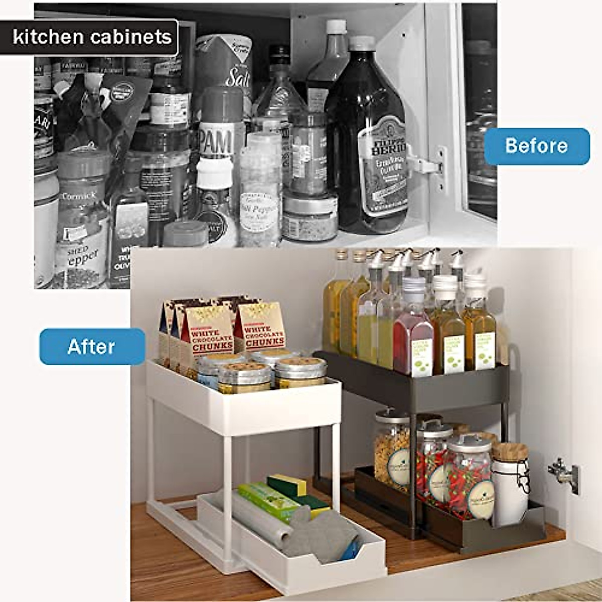 SKARO 2 Tier Upgraded Under Sink Sliding Basket Organizer and Storage, Pull Out For Easy Access, Multi-Purpose For Bathroom Storage And Kitchen Organizer Cabinets, 2 Pack, White