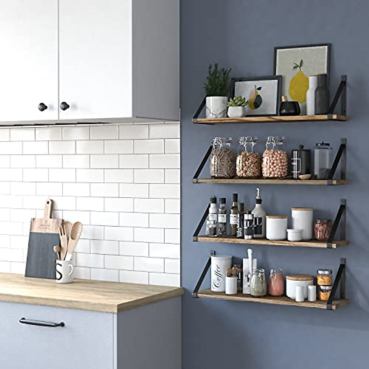 Wallniture Bora Floating Shelves, 24”x6”, Set of 4, Small Bookshelf Unit for Living Room, Office, Bedroom, Natural Burned Rustic Wood Wall Decor with Metal Shelf Bracket