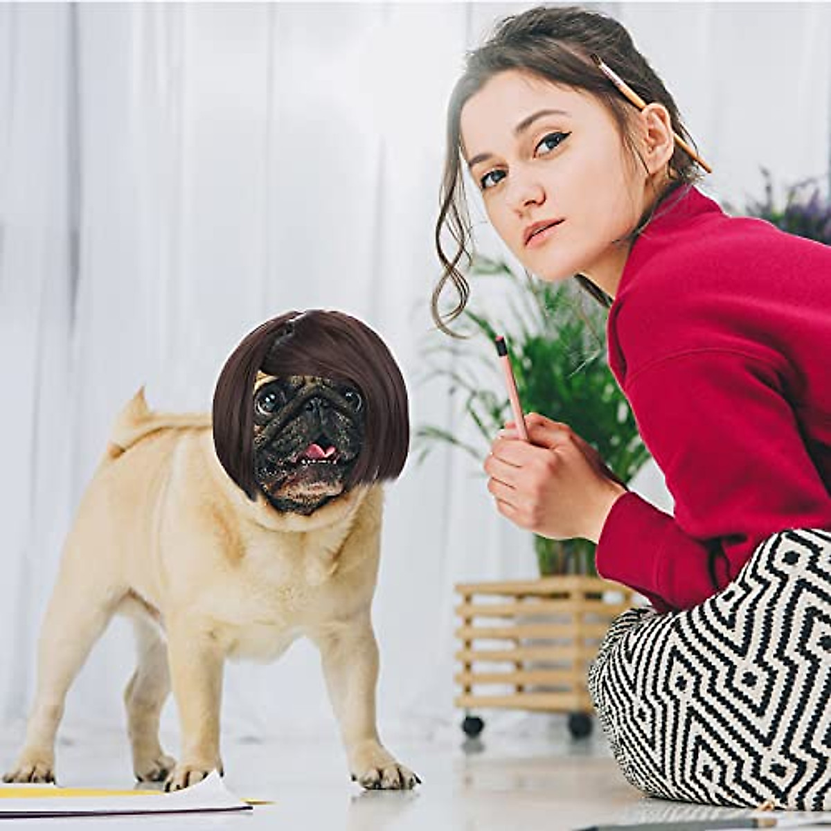 Cobee Funny Dog Cat Cosplay Wig, Pet Wig-Adjustable Costume Pet Funny Headwear Costumes Headgear for Small Medium Large Dog Cat Wigs Dress Up Decorations for Halloween, Christmas, Parties, Festivals