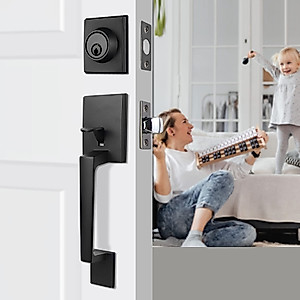 Azdele Black Front Door Handle with Deadbolt and Lever Set, Modern Front Door Lock Set, Black Door Handle with Single Cylinder Deadbolt for Exterior Door, Reversible for Right&Left Handed, Matte Black