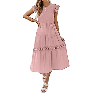ZESICA Women's Casual Crew Neck Flutter Sleeve Smocked High Waist Hollow Out Lace Trim Tiered A Line Midi Dress,DarkPink,Small