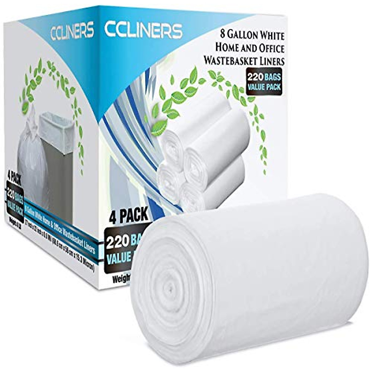 8 Gallon Medium Trash Bags White Kitchen Garbage Bags Plastic Wastebasket Trash Can Liners for Home and Office Bins, 200 Count